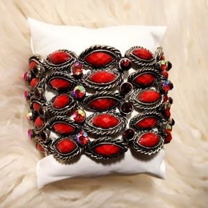 Jewelry | Red Cuff Metal Cuff Rhinestone Bracelet | Poshmark